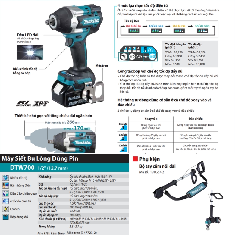 Máy siết bu lông pin 18V Makita DTW700Z / DTW700RTJ